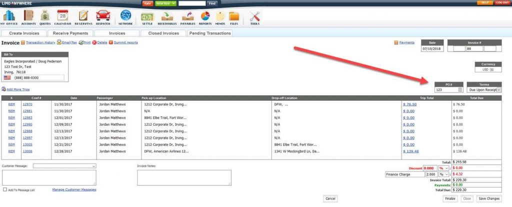 Invoices with Client PO Numbers - Limo Anywhere
